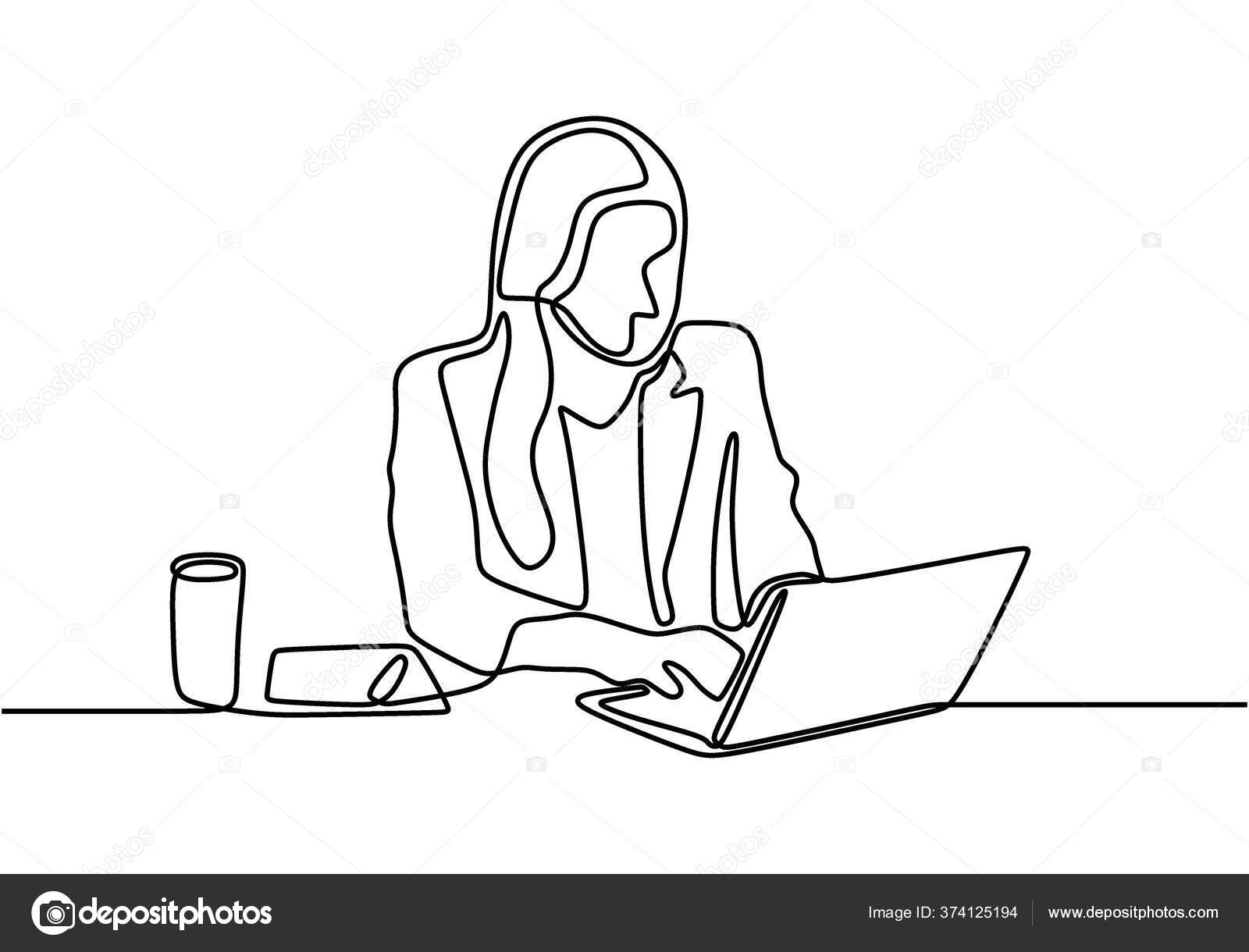 One Line Drawing Woman Sitting Laptop Computer Young Girl Typing Stock ...