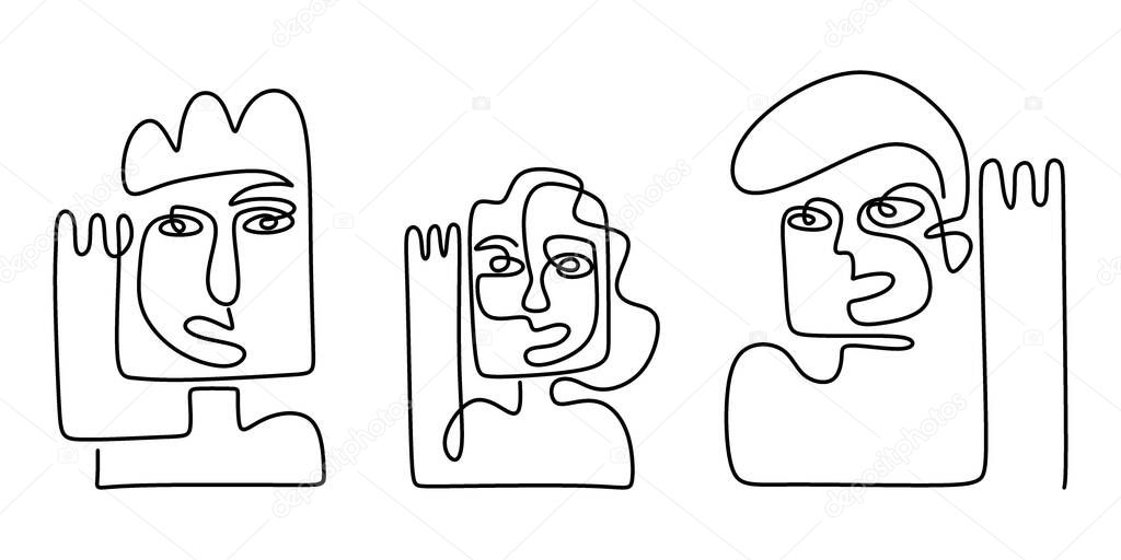Cara abstracta dibujo de una línea. Rostros modernos y peinado ...