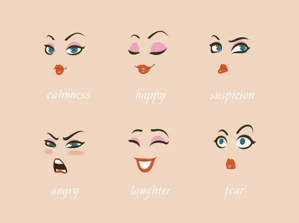 Woman character expressions set. calmness, happy, suspicion, fear ...