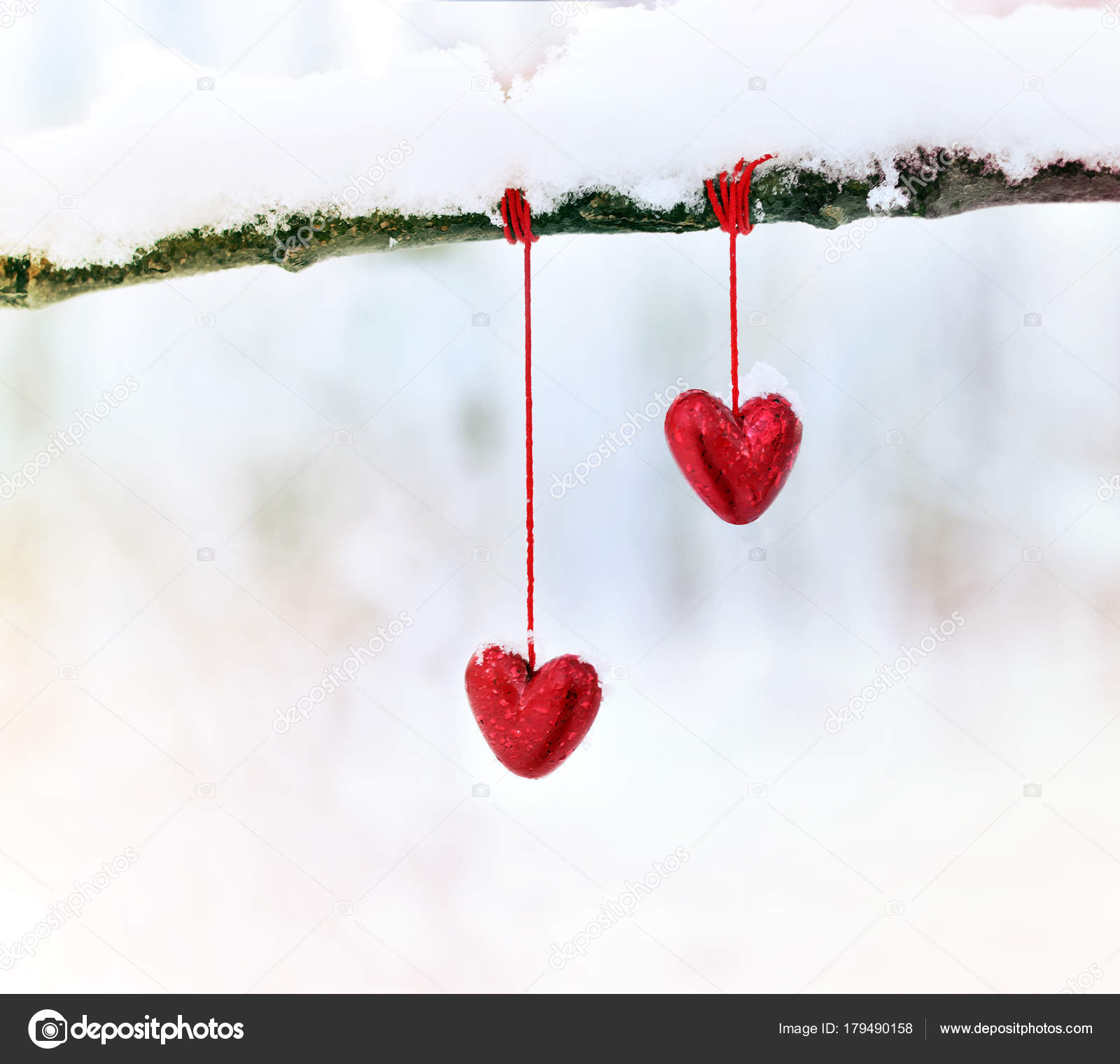 Red hearts on snowy tree branch in winter. Holidays happy valentines ...
