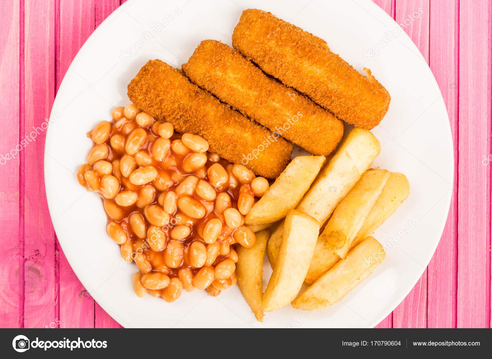 Grilled Cod Fish Fingers With Chunky Chips And Baked Beans in Tomato ...