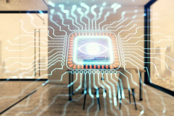 Tech theme abstract hologram and minimalistic cabinet interior ...