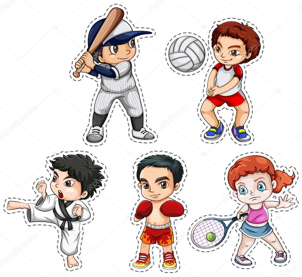 Etiqueta engomada conjunto de niños haciendo muchos deportes vector ...