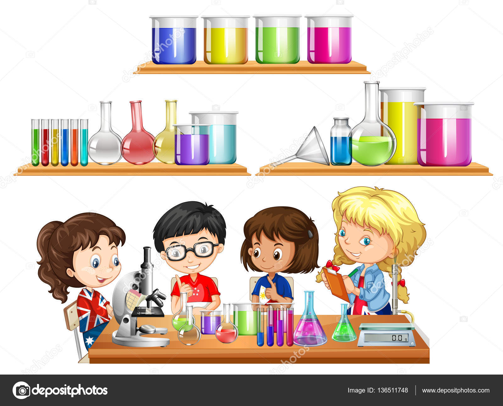 Niños haciendo experimento científico y conjunto de vasos de ...