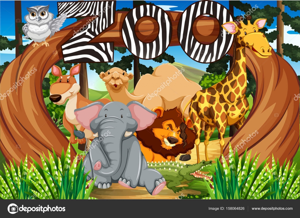 Animales salvajes en la entrada del zoológico Vector de stock por ...