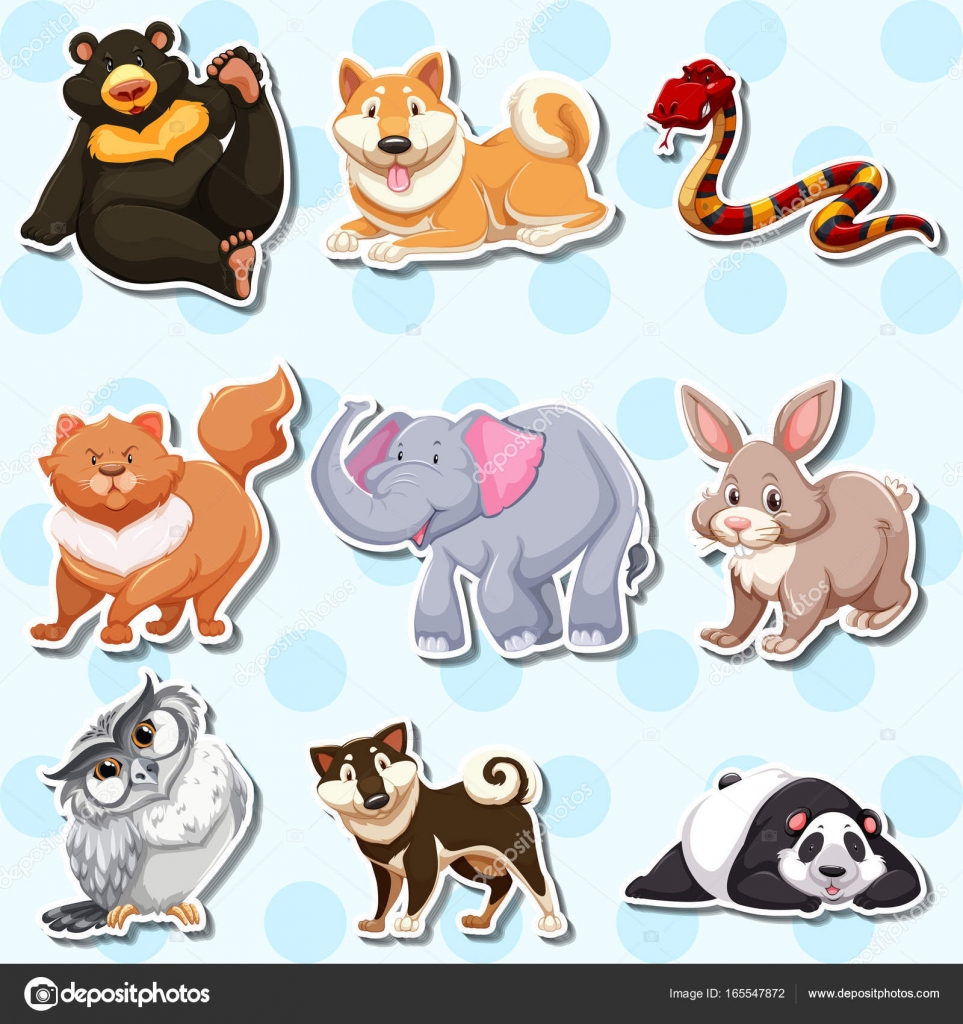 Sticker design with wild animals on blue background Stock Illustration ...