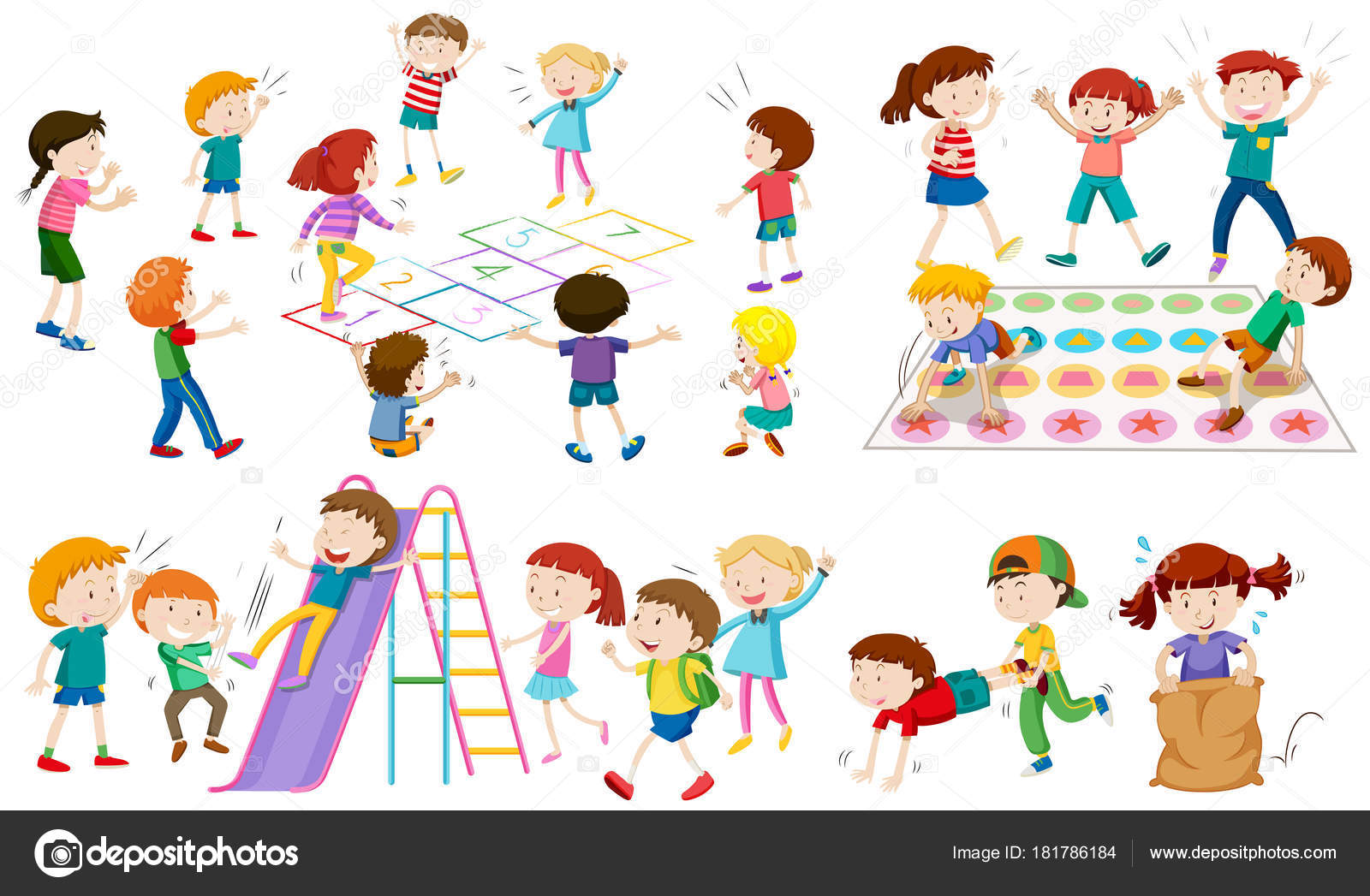 Muchos niños juegan diferentes juegos Ilustración de stock de ...