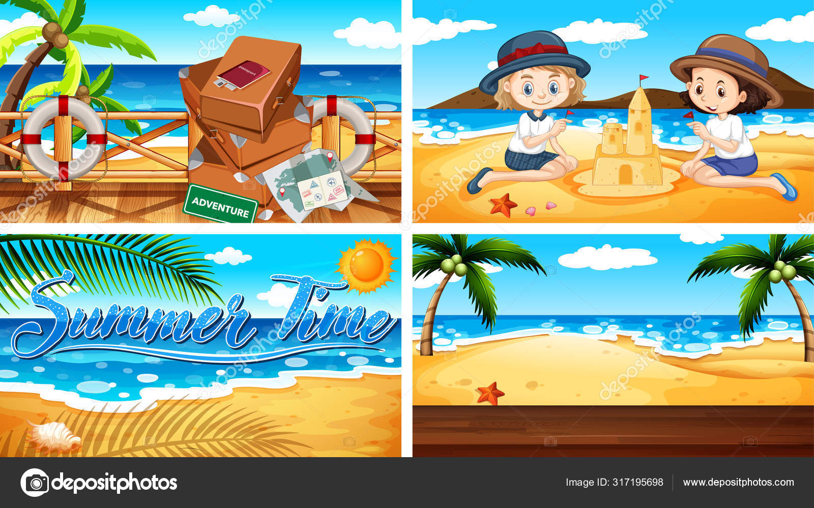 Four background scenes with summer on the beach Stock Vector by ...