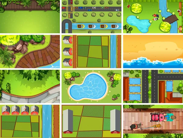Set of top view aerial scenes in nature and outdoors Stock Illustration ...