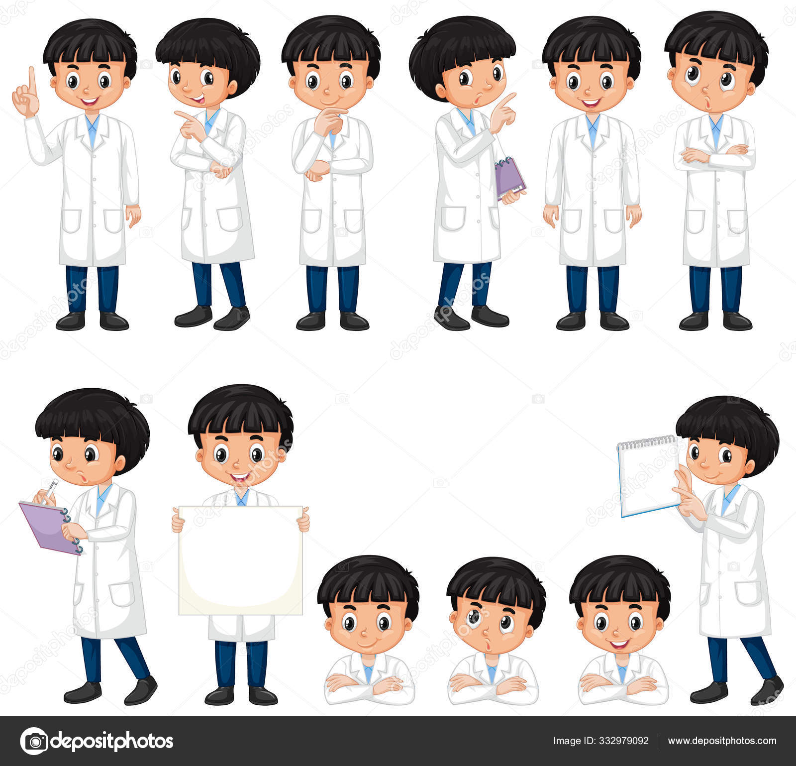 Boy in science gown in different poses on white background Stock ...