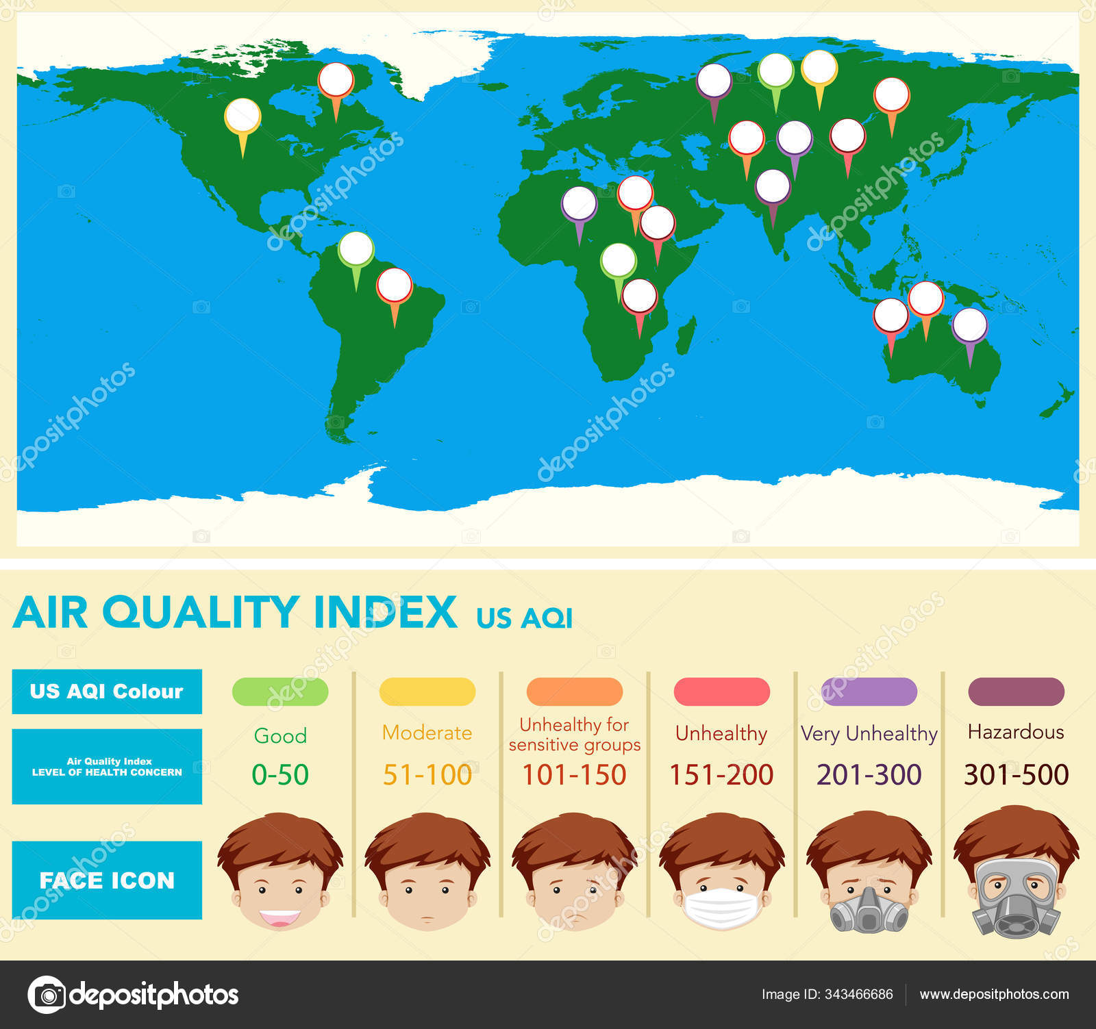 Diagram showing air quality index with world map in background Stock ...