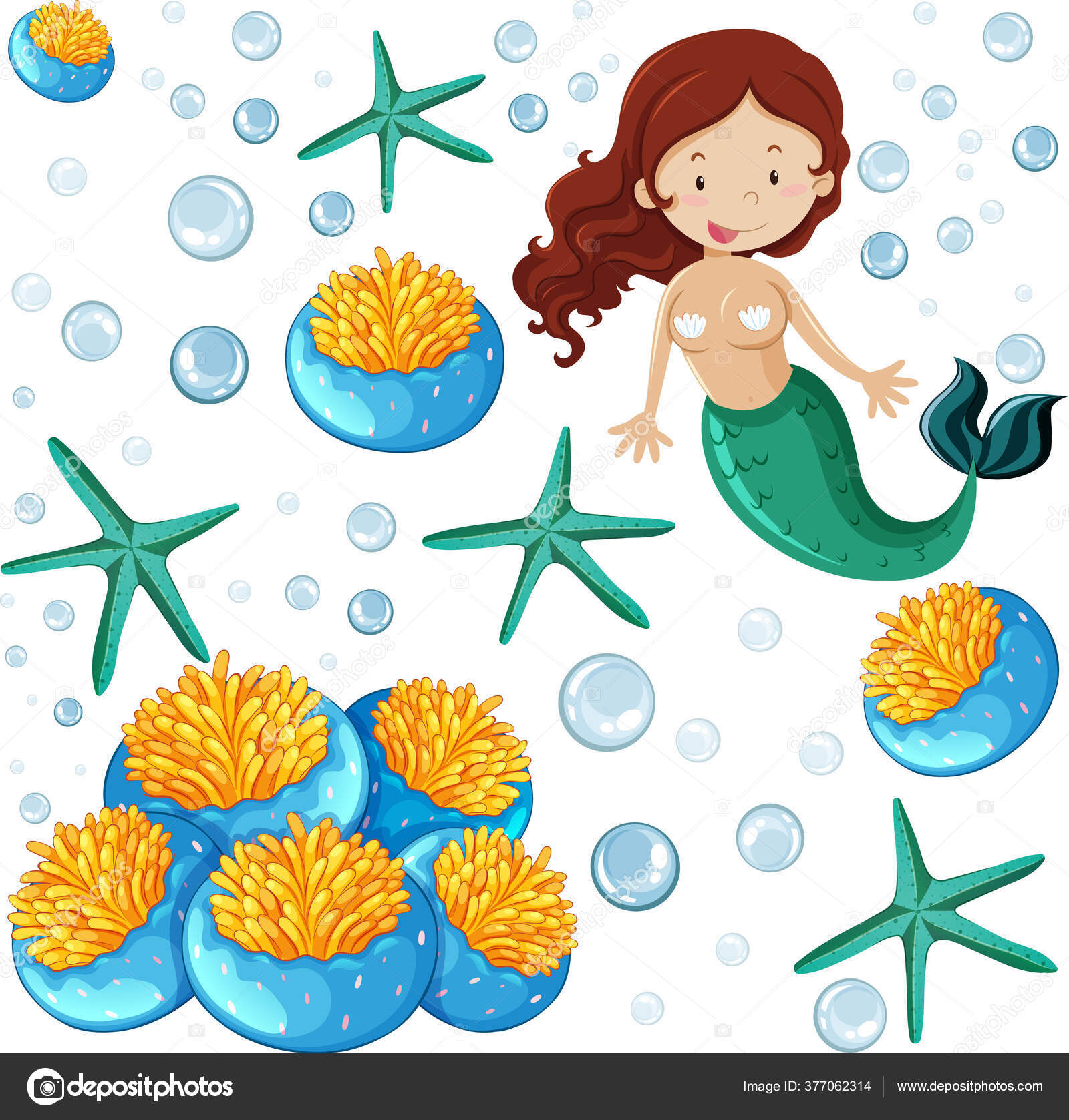 Set Sea Animals Mermaid Cartoon Style White Background Illustration ...
