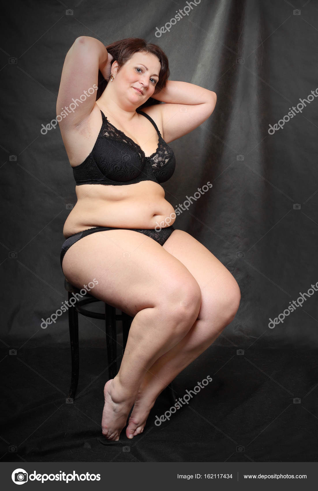 Plus Size Model In Black Lingerie Overweight Female Body Fat Woman