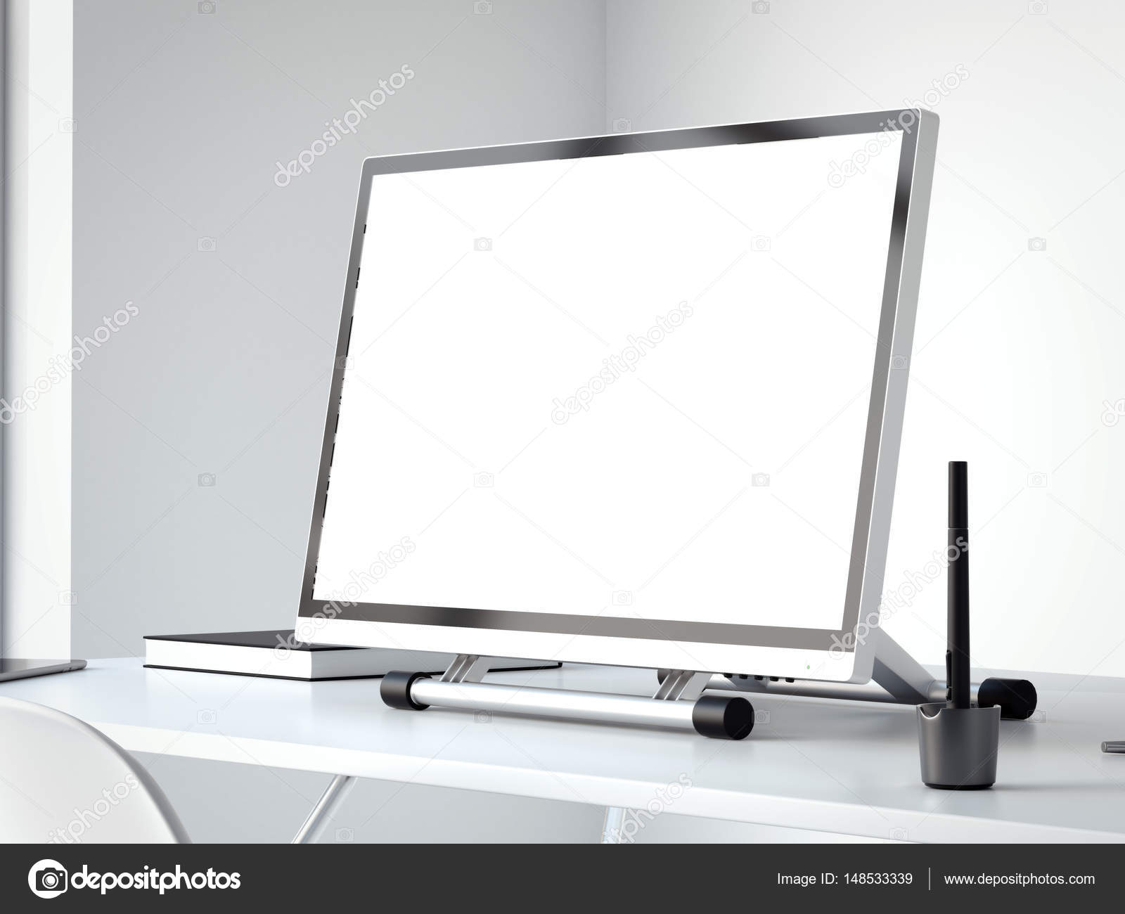 Blank drawing screen with pen on white table. 3d rendering — Stock ...