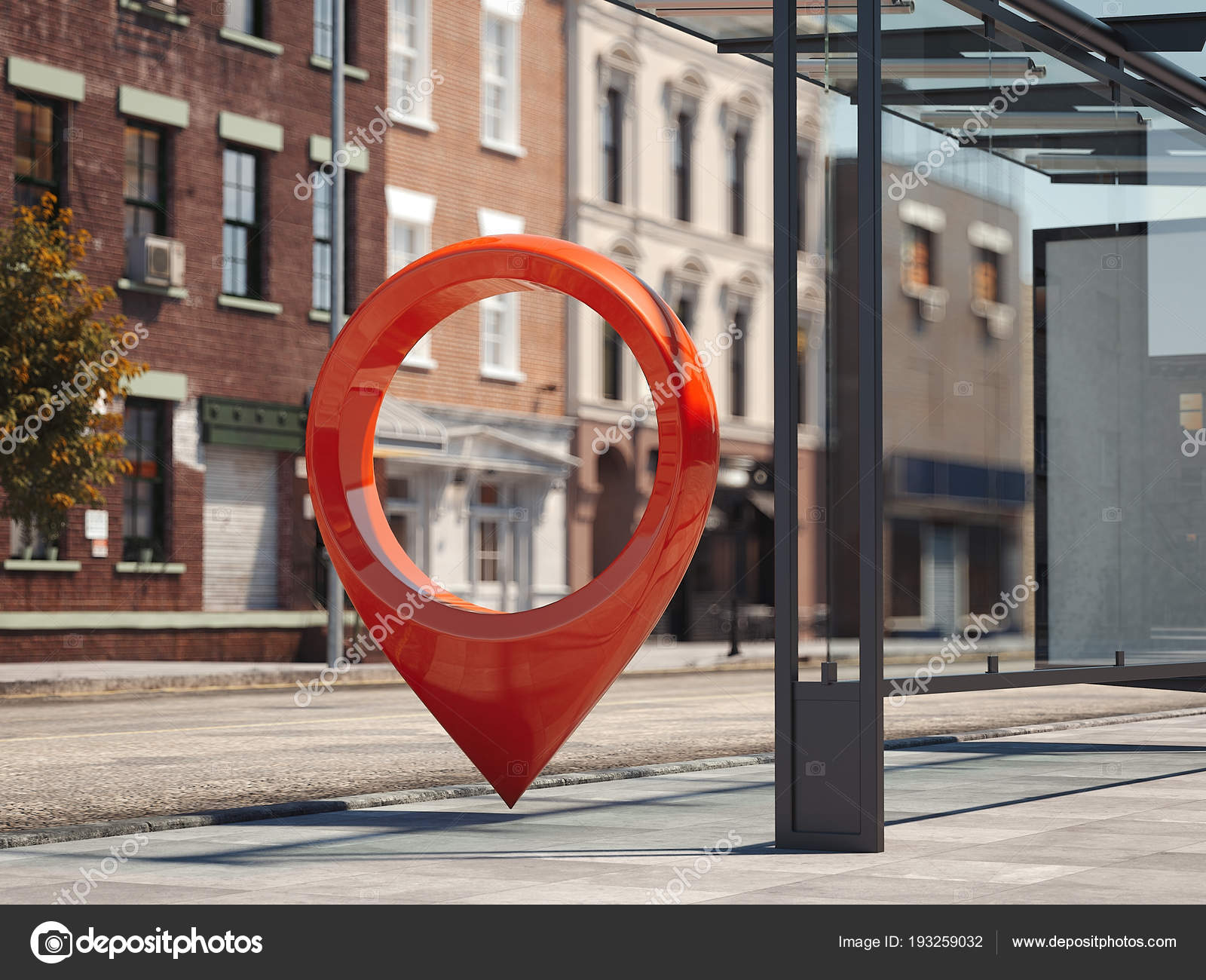 Bus station with blank banner and red geotag or map pin. 3d rendering — Stock Photo © ekostsov ...