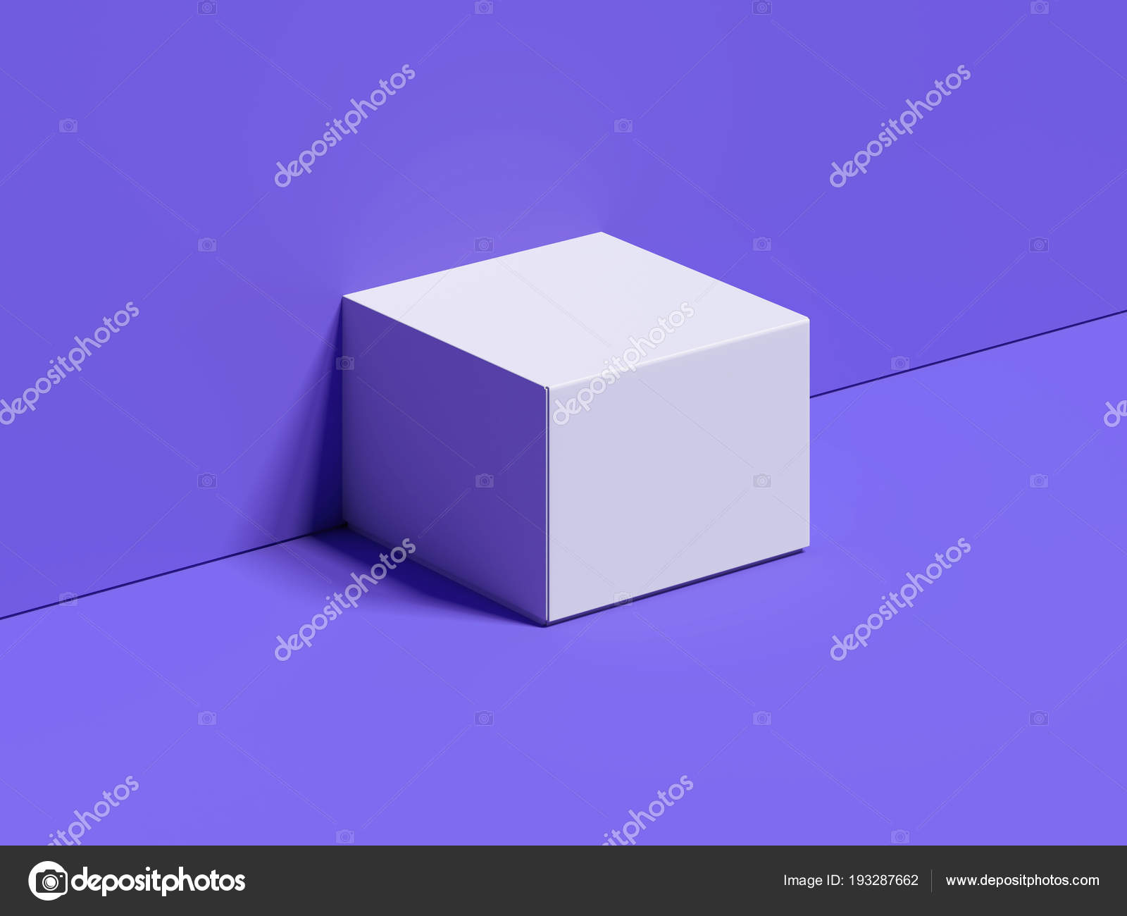 White square box stands next to the violet wall and floor, 3d rendering ...