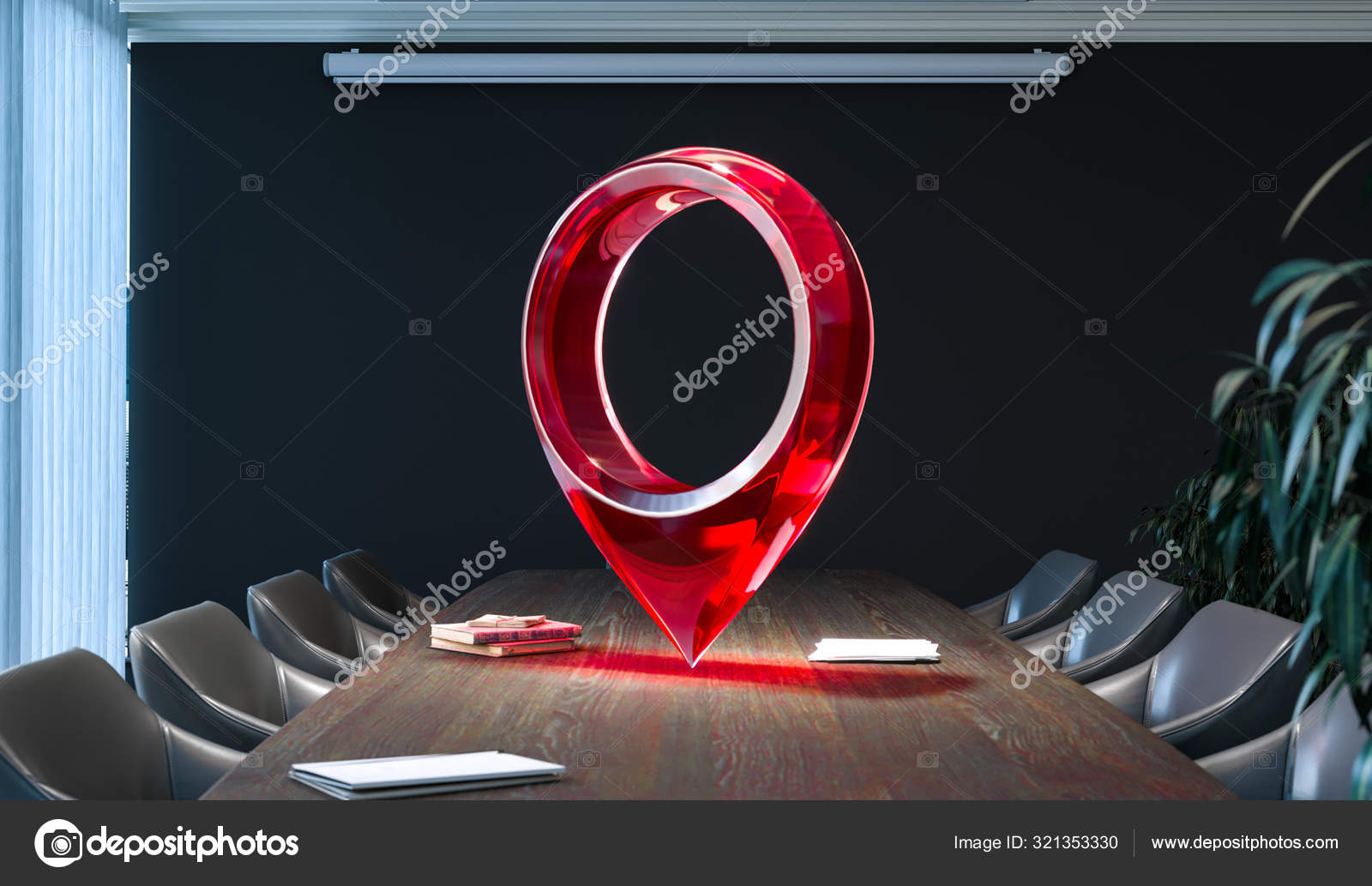 Red map geo tag pin in modernconference room interior. 3d rendering ...