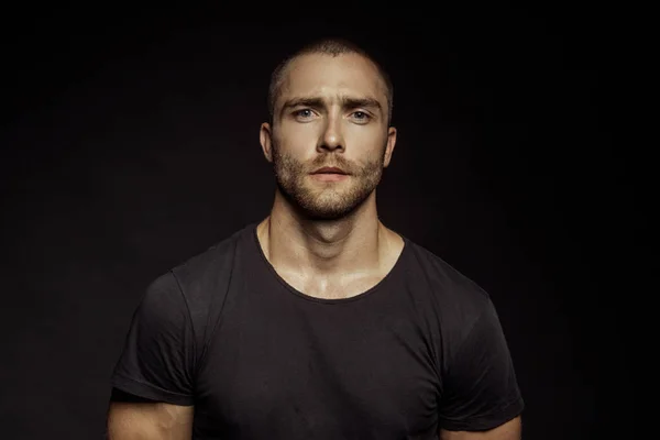 Muscle Strong Beautiful Stripped Male Model Black Shirt Denim Blue ...