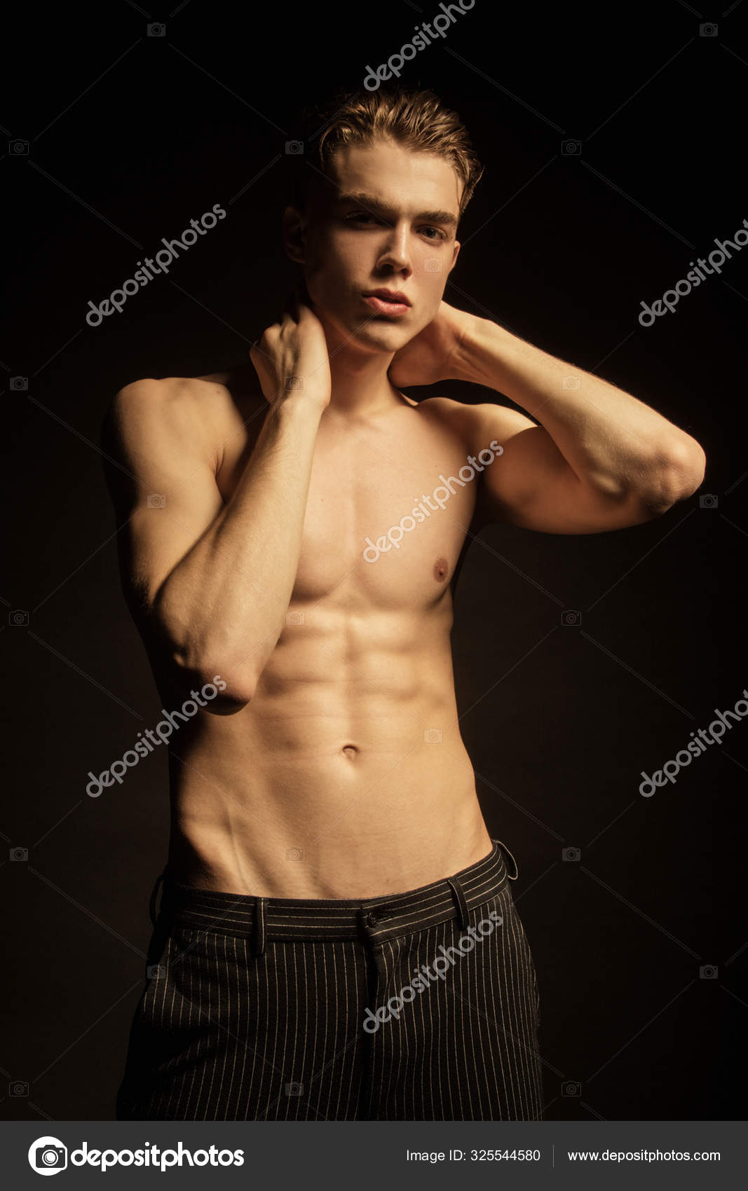 Muscle Strong Beautiful Stripped Male Model Black Jeans Black Isolated ...