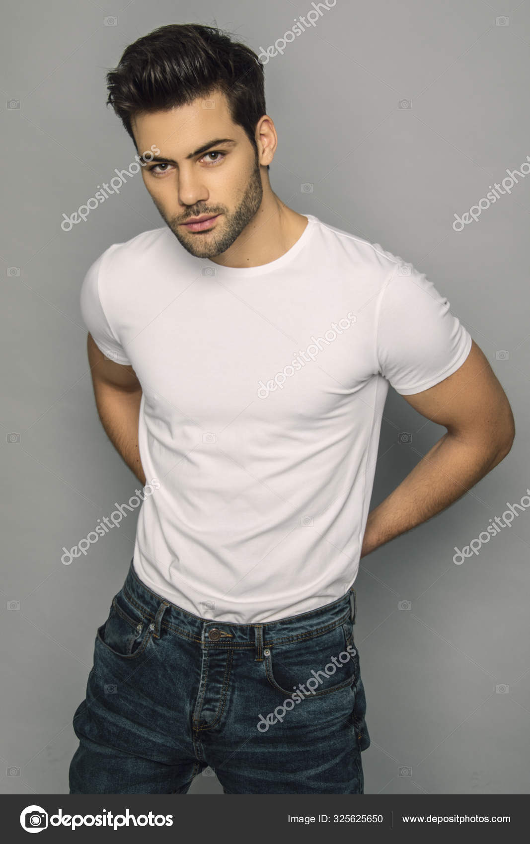 Muscle Strong Face Beautiful Stripped Male Model Portrait Denim Blue ...