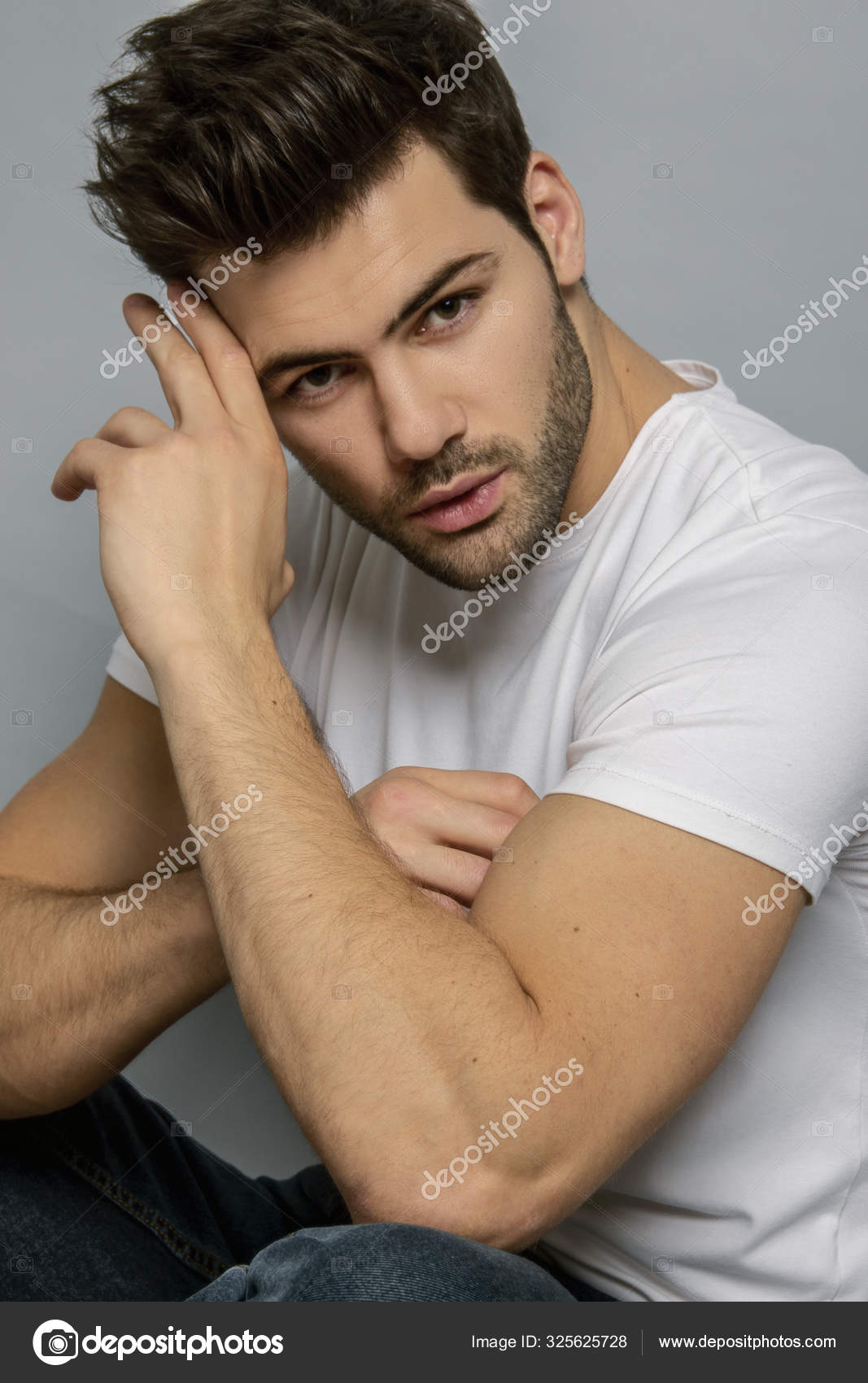 Muscle Strong Face Beautiful Stripped Male Model Portrait Denim Blue ...