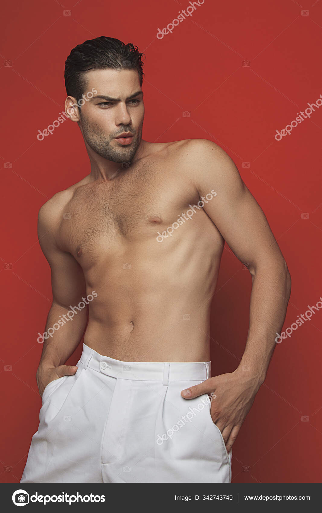Muscle Strong Beautiful Stripped Male Model White Casual Suit Red Stock ...