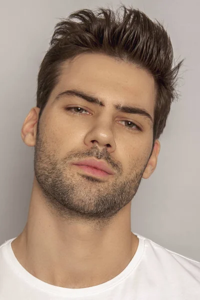 Muscle Strong Face Beautiful Stripped Male Model Portrait Denim Blue ...