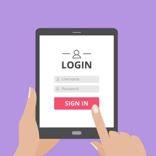 Hand touching the screen of tablet computer with user login form page ...