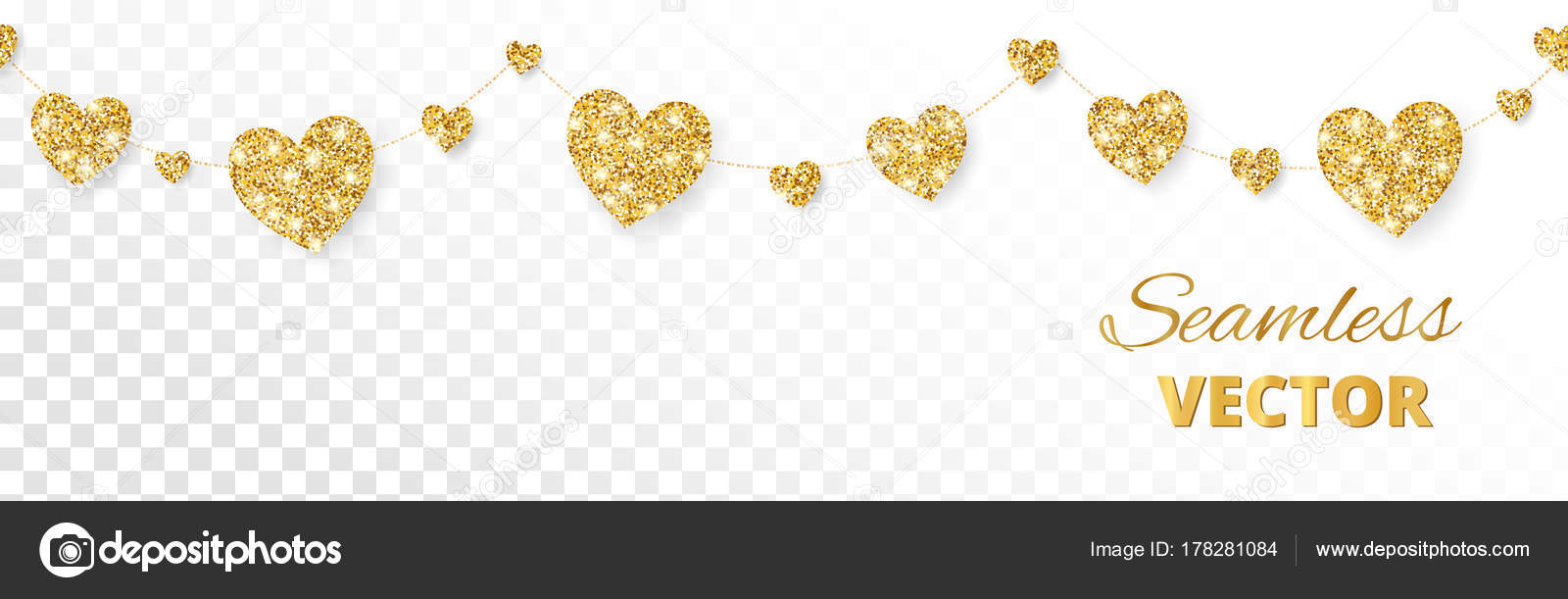 Golden hearts frame, seamless border. Vector glitter isolated on white ...