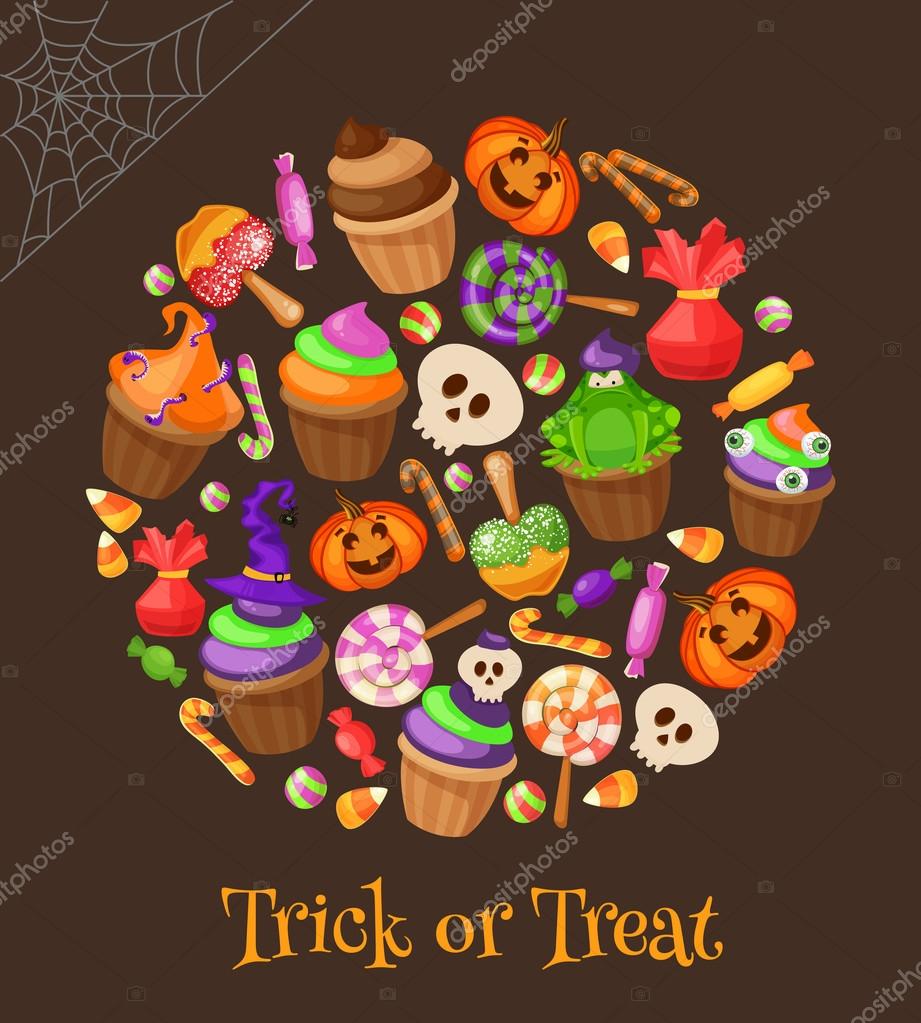 Trick or Treat. Traditional sweets and candies for holiday Halloween ...