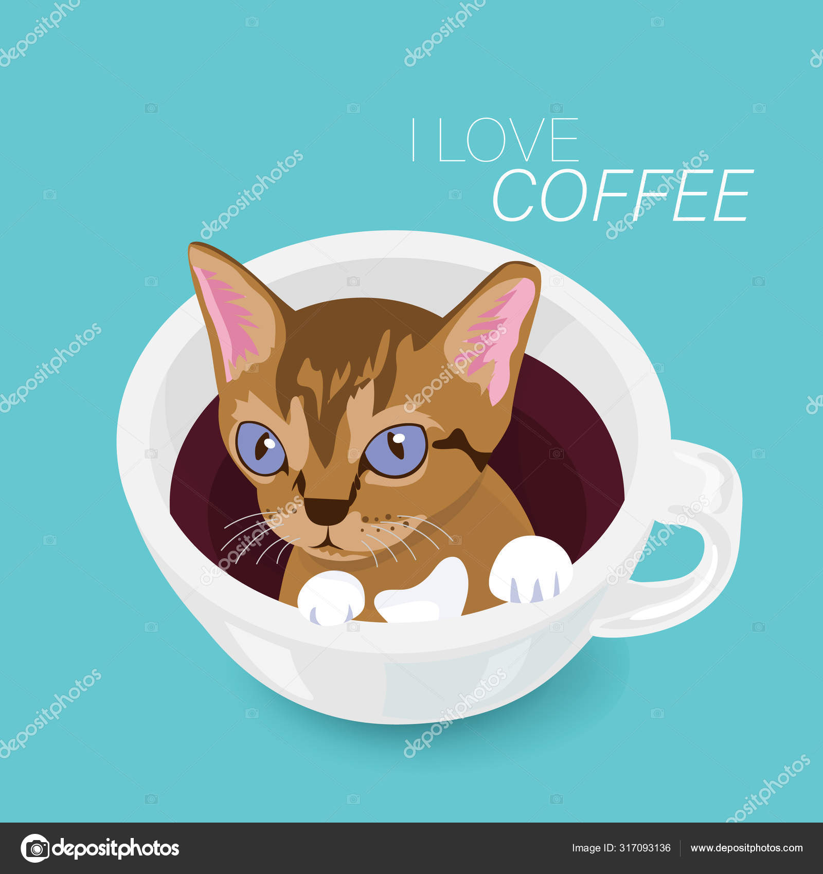 Cute kitten in coffee cup with text on green background. Stock Vector ...