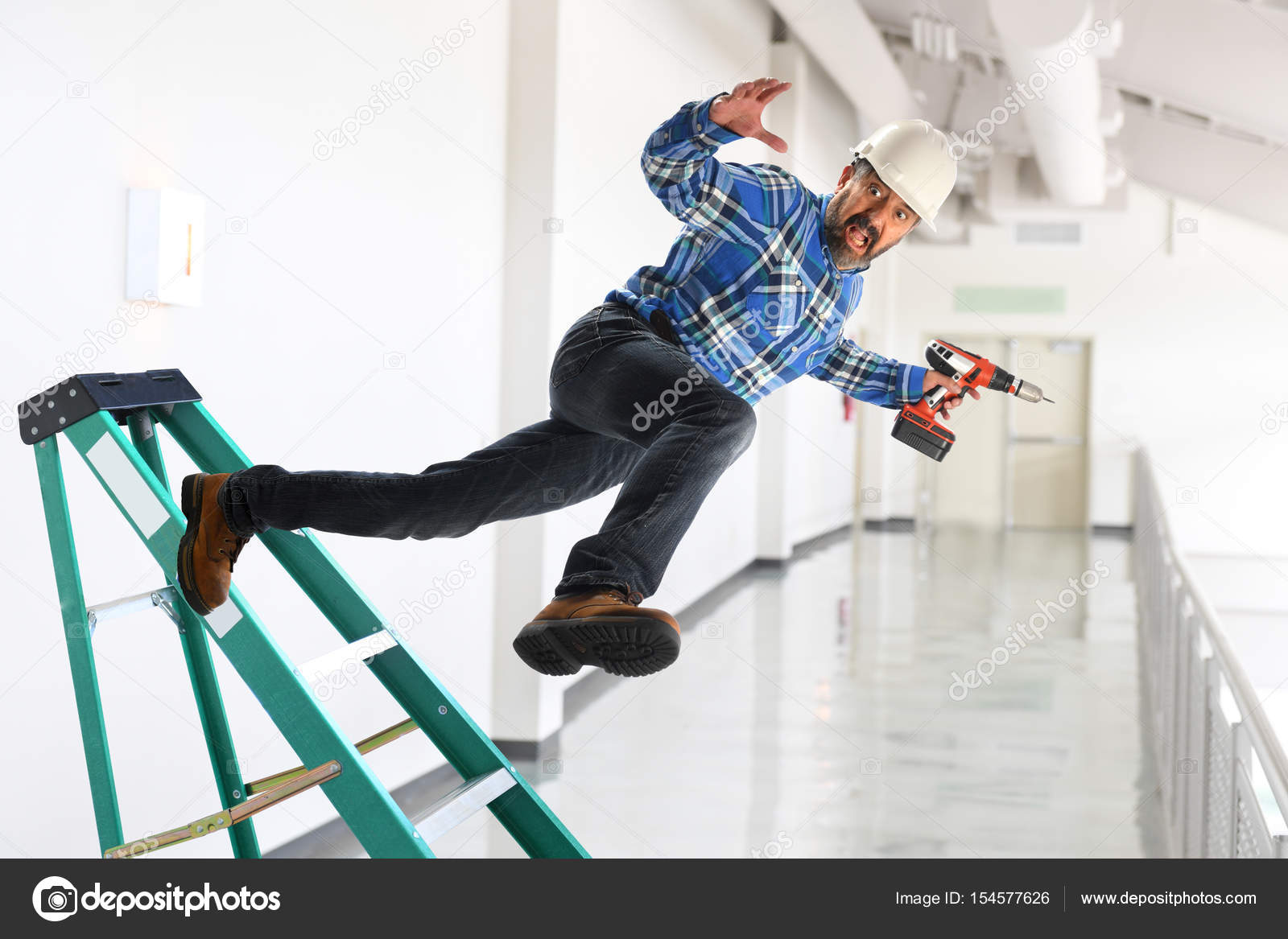 Senior Worker Falling Ladder Building ⬇ Stock Photo, Image by ...
