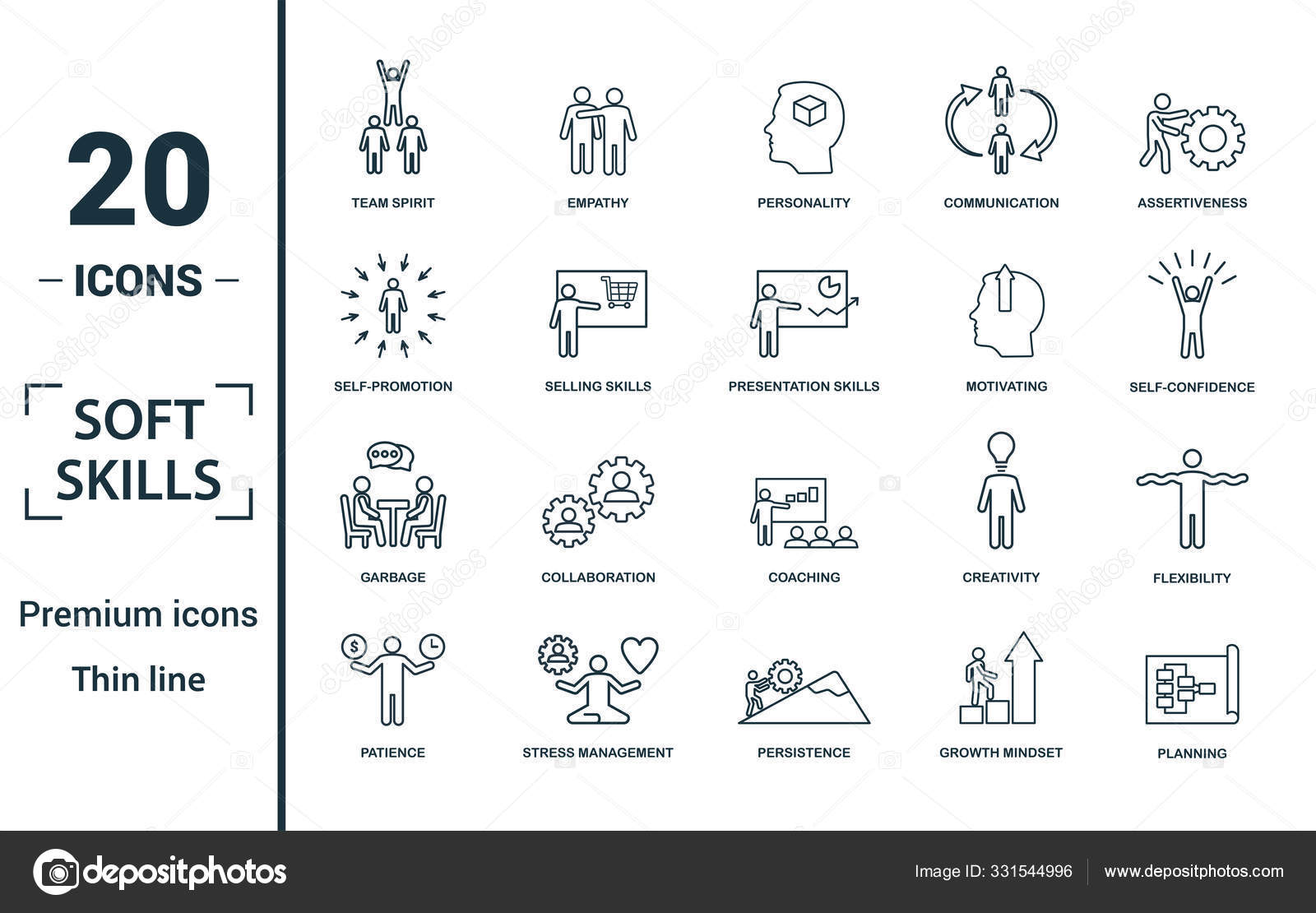 Soft Skills icon set. Include creative elements team spirit ...