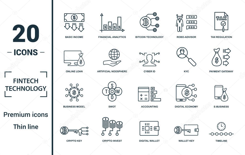 Conjunto de iconos de tecnología Fintech. Incluir elementos creativos ...