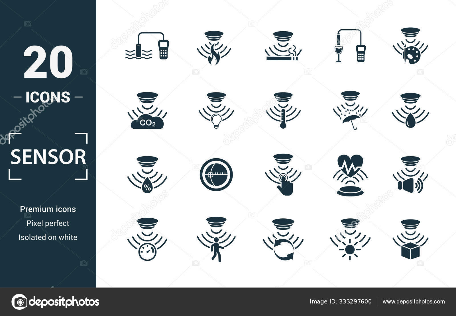 Sensor icon set. Include creative elements water quality sensor, smoke ...