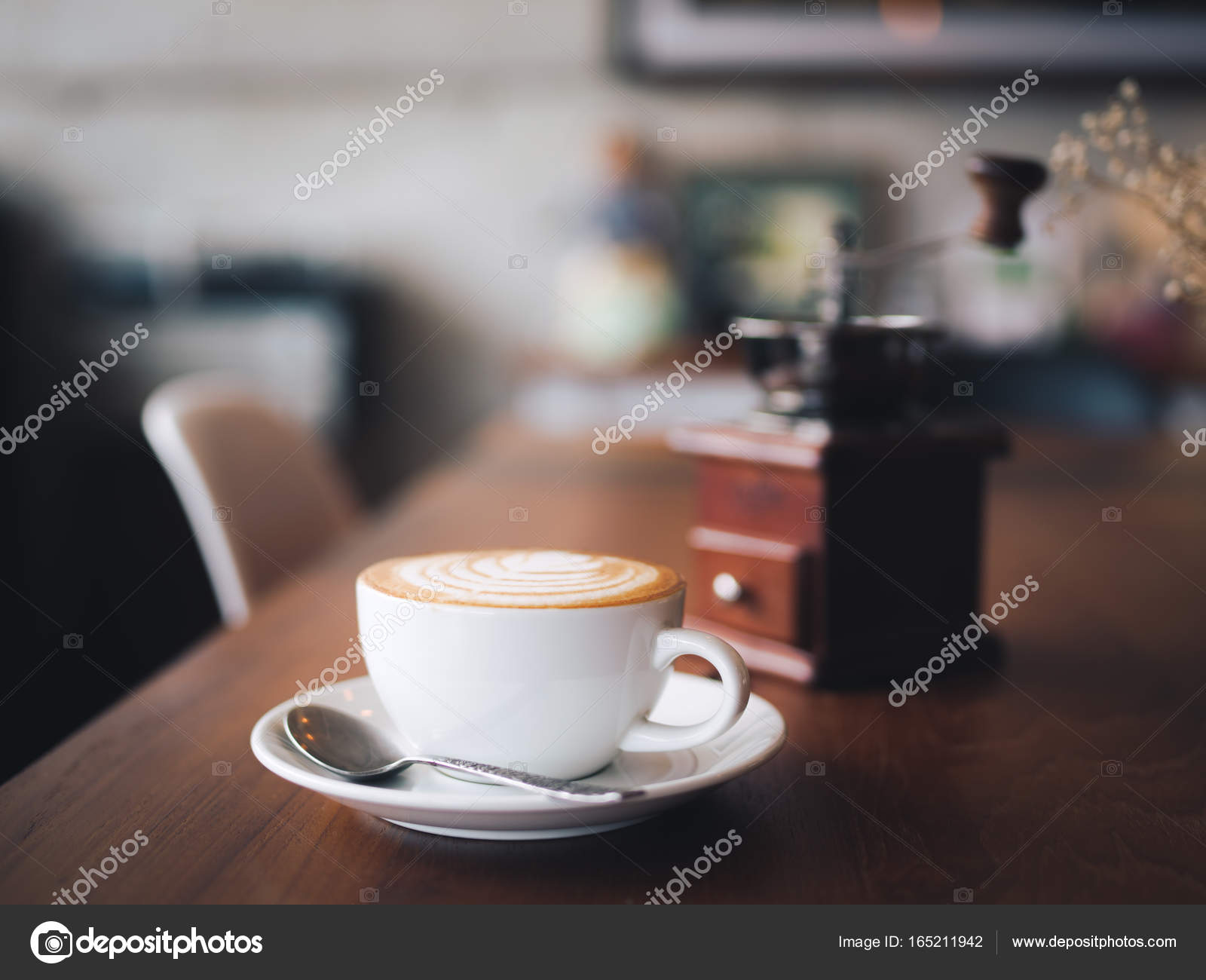 Cup of coffee latte art on the wood desk coffee shop cafe — Stock Photo ...