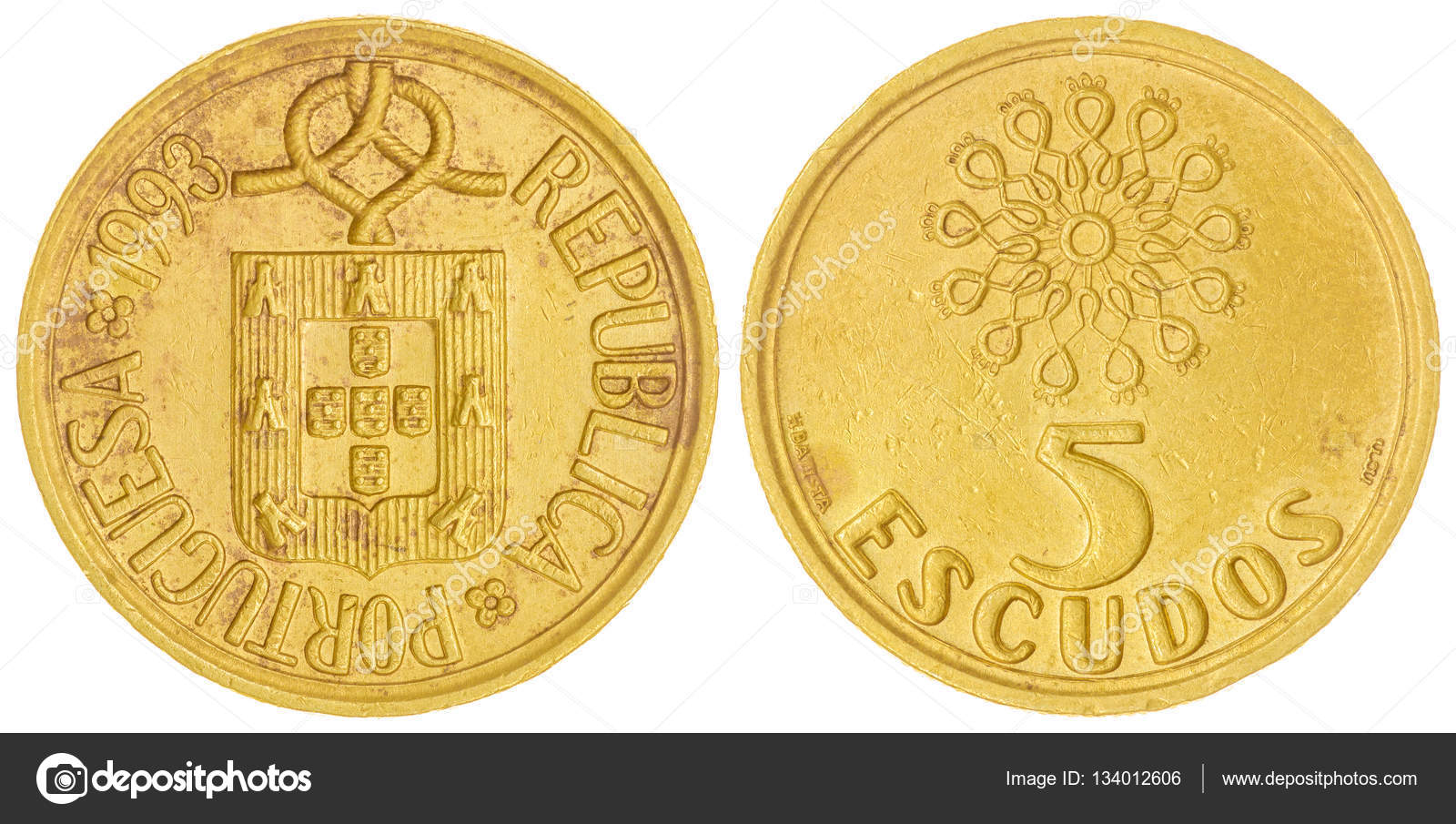5 escudos 1993 coin isolated on white background, Portugal Stock Photo ...
