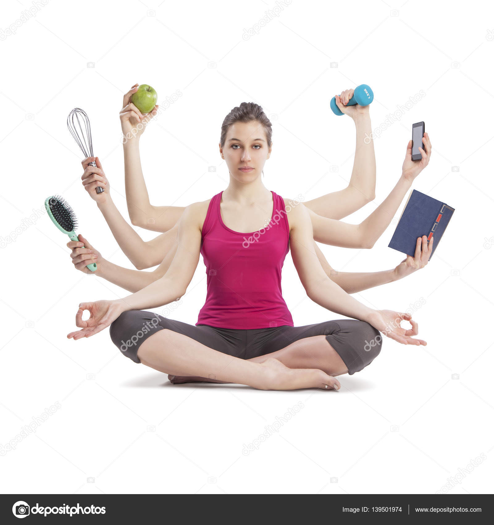 Multitasking woman in yoga position — Stock Photo © tommasolizzul ...