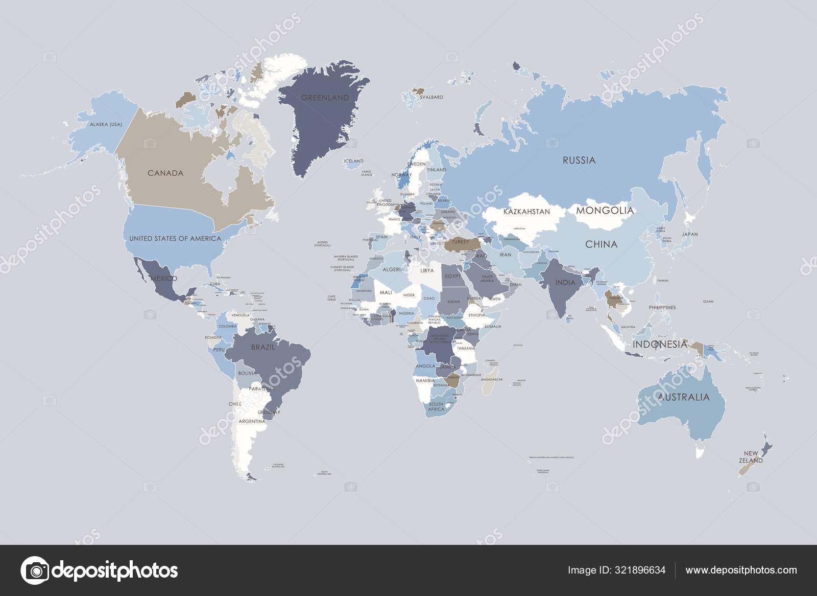 World map in four colors on background. High detail political map with ...