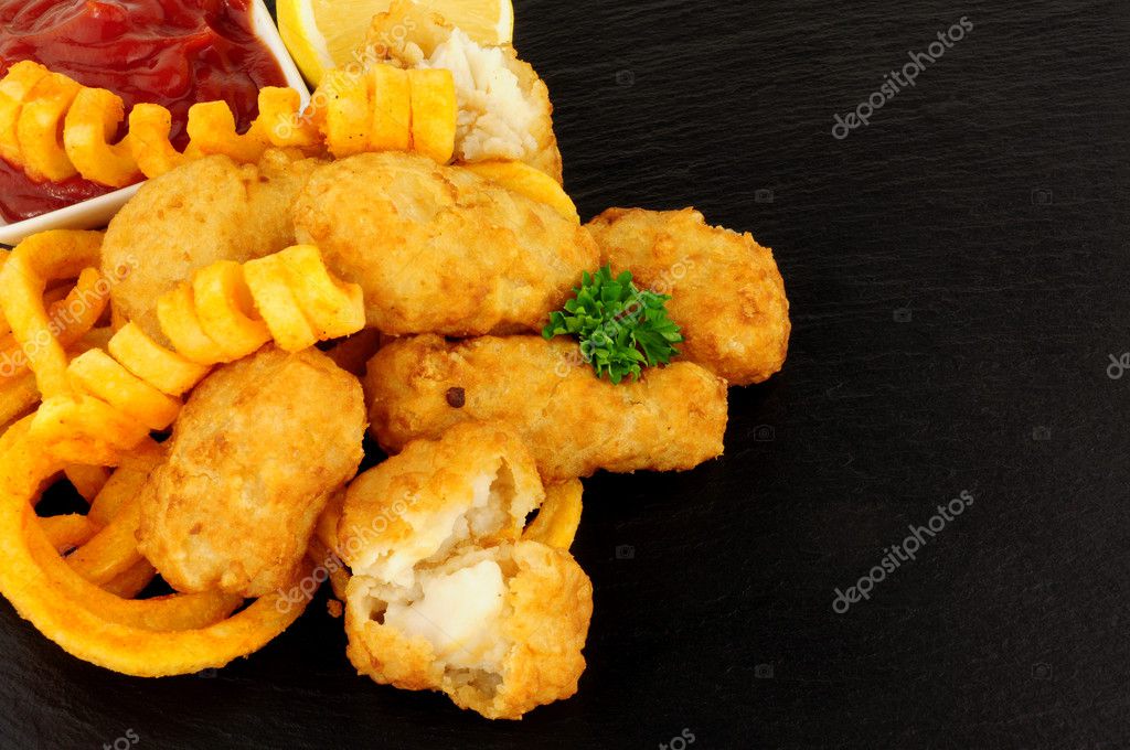 Battered Cod Nuggets With Curly Fries Stock Photo by ©philkinsey 128420418