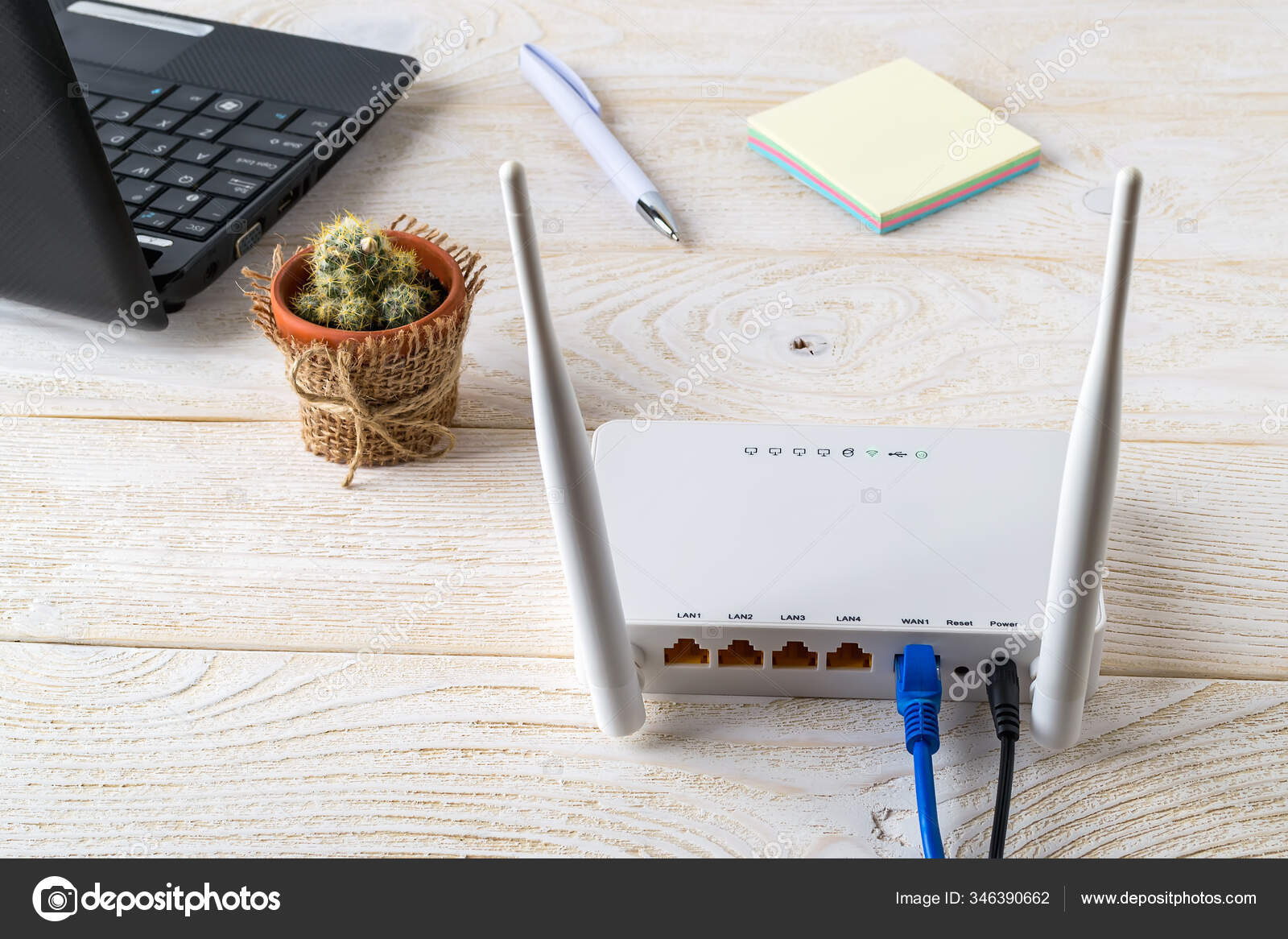 White Wireless Router Laptop White Wooden Table Wlan Router Internet ...