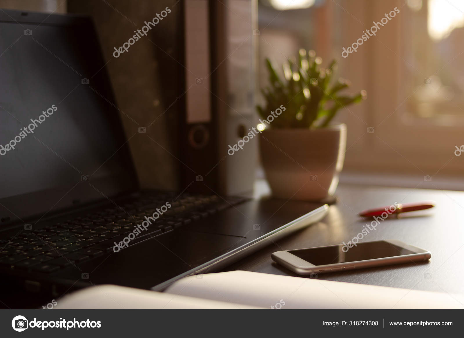 Side View Office Desk Laptop Smart Phone Notebook Other Supplies Stock ...