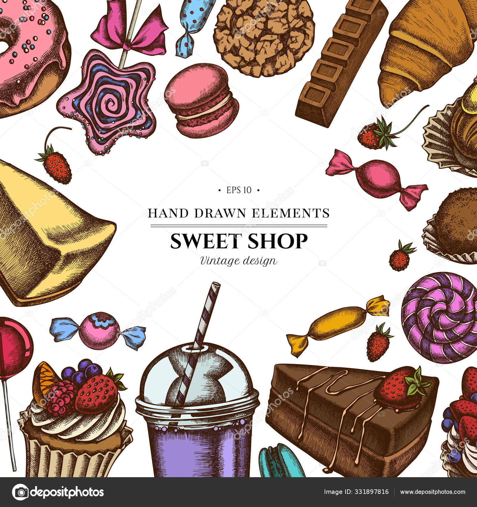 Colored elements design with cinnamon, macaron, lollipop, bar, candies ...