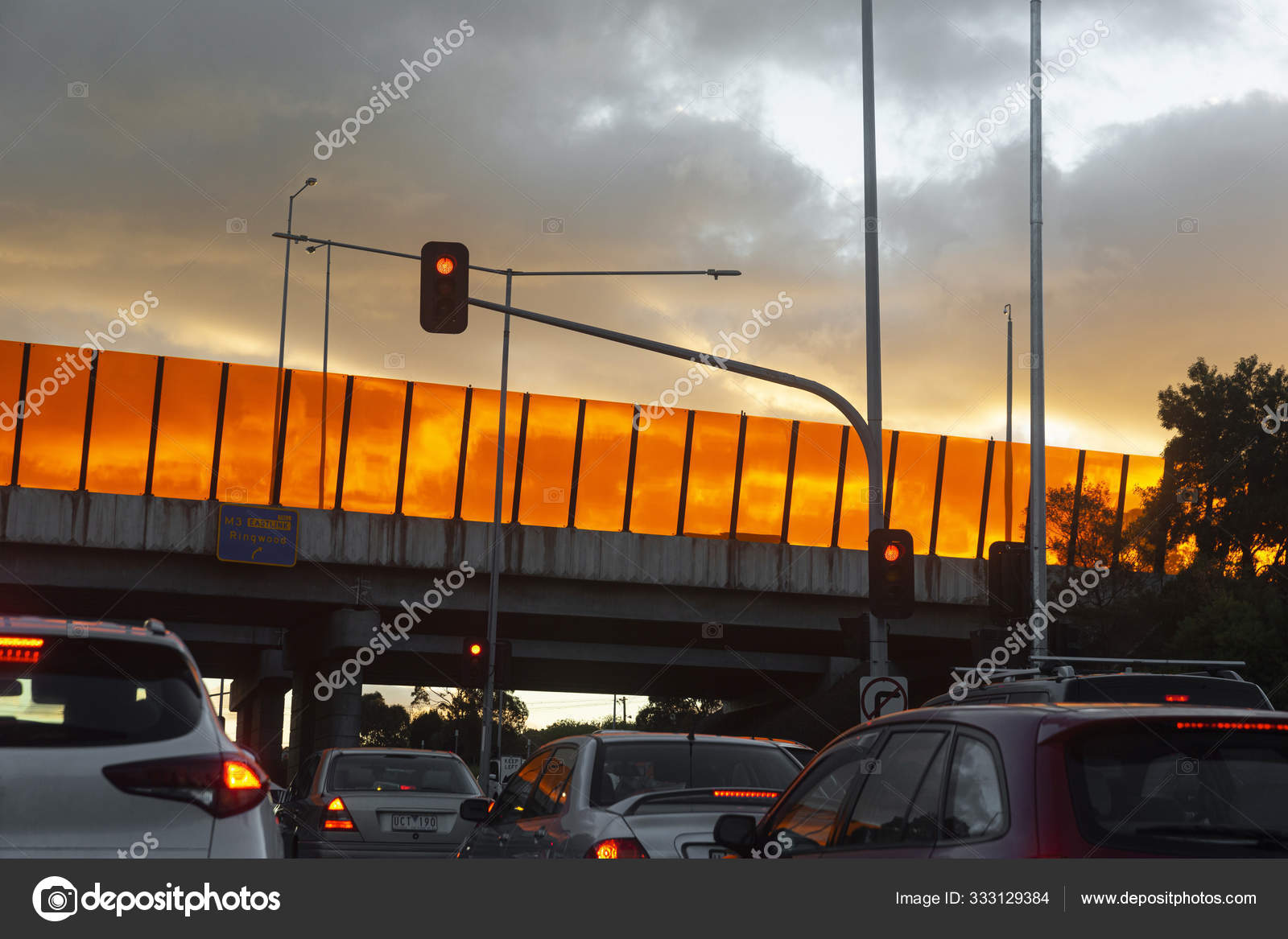 Traffic Jam Below Interstate Highway During Golden Hour – Stock ...