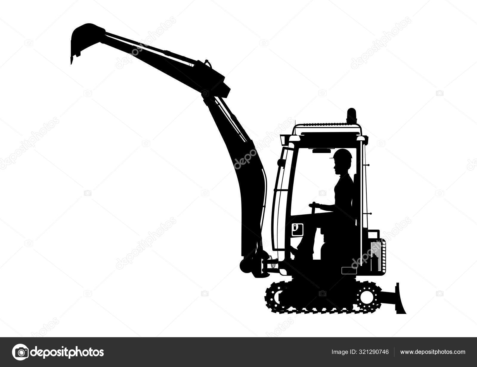 Mini Excavator Silhouette Excavators Operator Side View Flat Vector ...