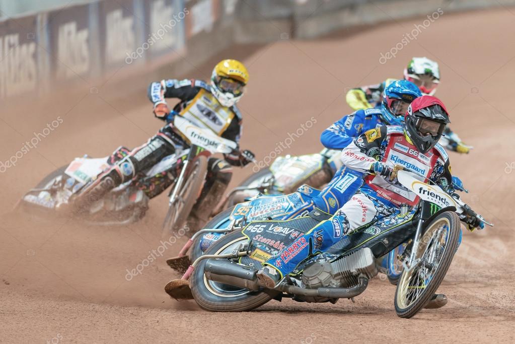 Fredrik Lindgren first out of the curve at Stockholm FIM Speedwa ...