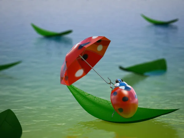 Little ladybugs with umbrella floating on spring flood. — Stock Photo ...
