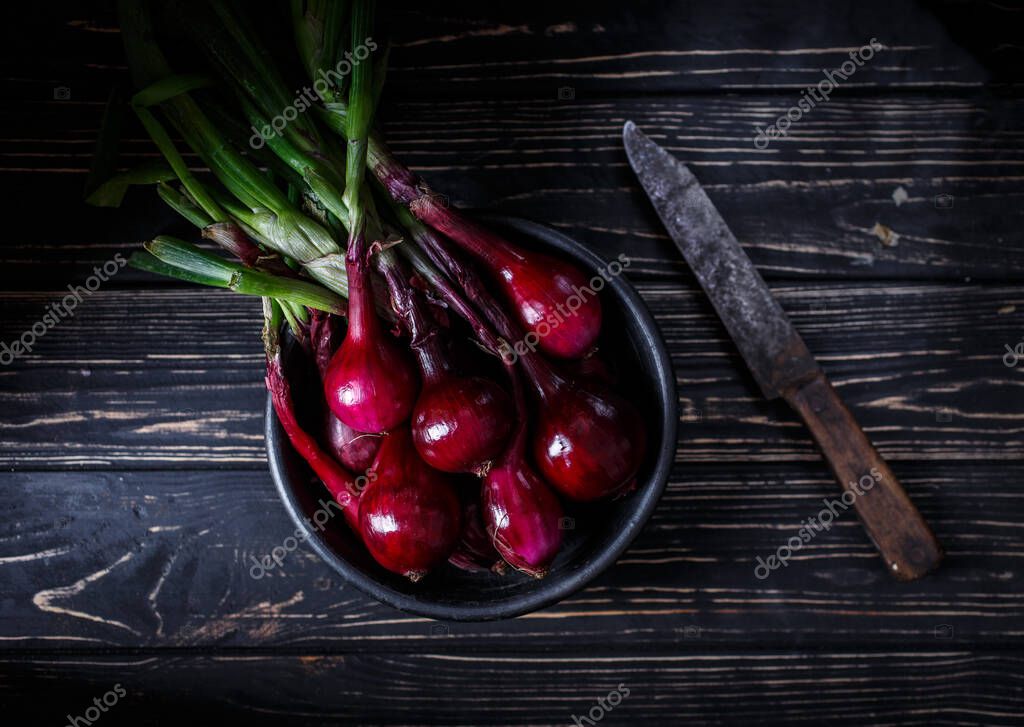 Bodegón con cebolla roja sobre fondo rústico de madera. Lugar para el ...