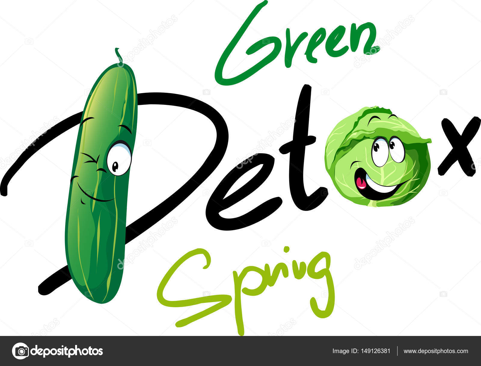 Spring Green Detox - funny vector design with cucumber and cabbage ...