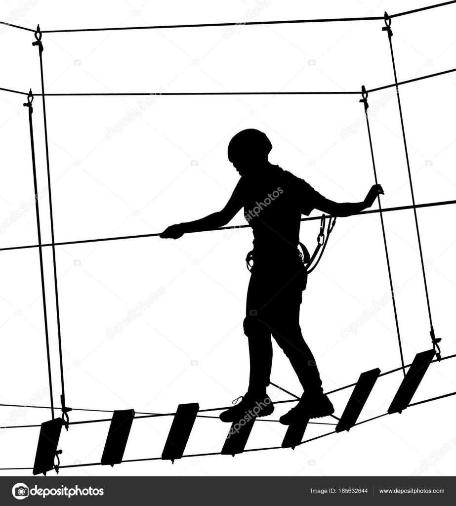 Boy in adventure park rope ladder. Silhouette Adventure. Extreme ...
